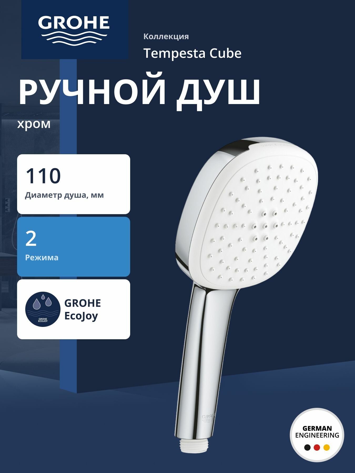 Лейка для душа GROHE Tempesta Cube 110, 2 режима, хром (2757130E)