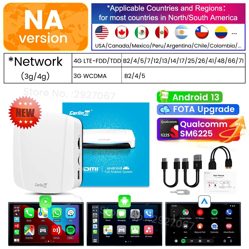 CarlinKit Android 13 CarPlay Box, SM6225, 8G+128G, NA