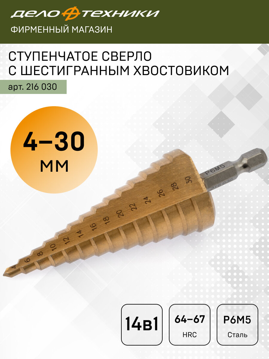 Сверло ступенчатое по металлу Дело Техники с шестигранным хвостовиком Ø4-30мм, 216030