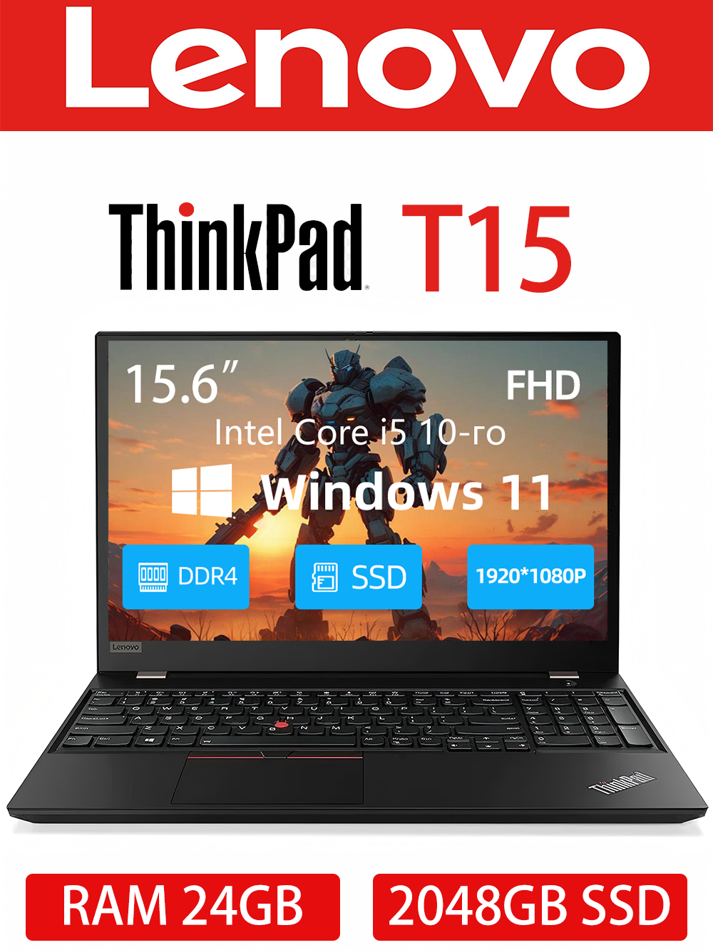 Lenovo Ноутбук 15.6", Intel Core i5-10210U, RAM 24 ГБ, SSD 2048 ГБ, Intel UHD Graphics, Windows Pro, (T15 Gen1)