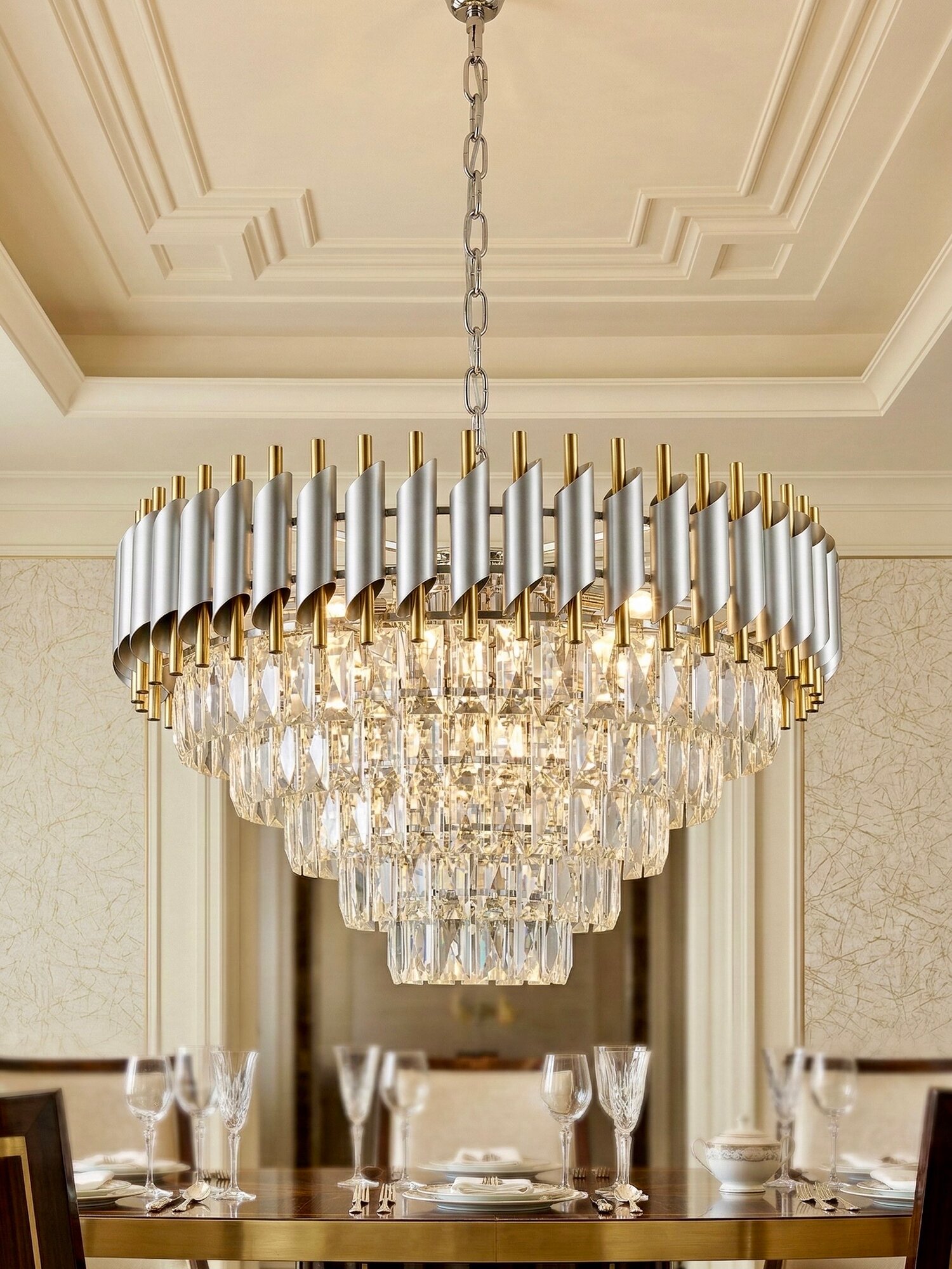 Потолочная хрустальная люстра для гостиной, в спальню, на кухню, в зал, E14, серебро+золото, диаметр 52 см