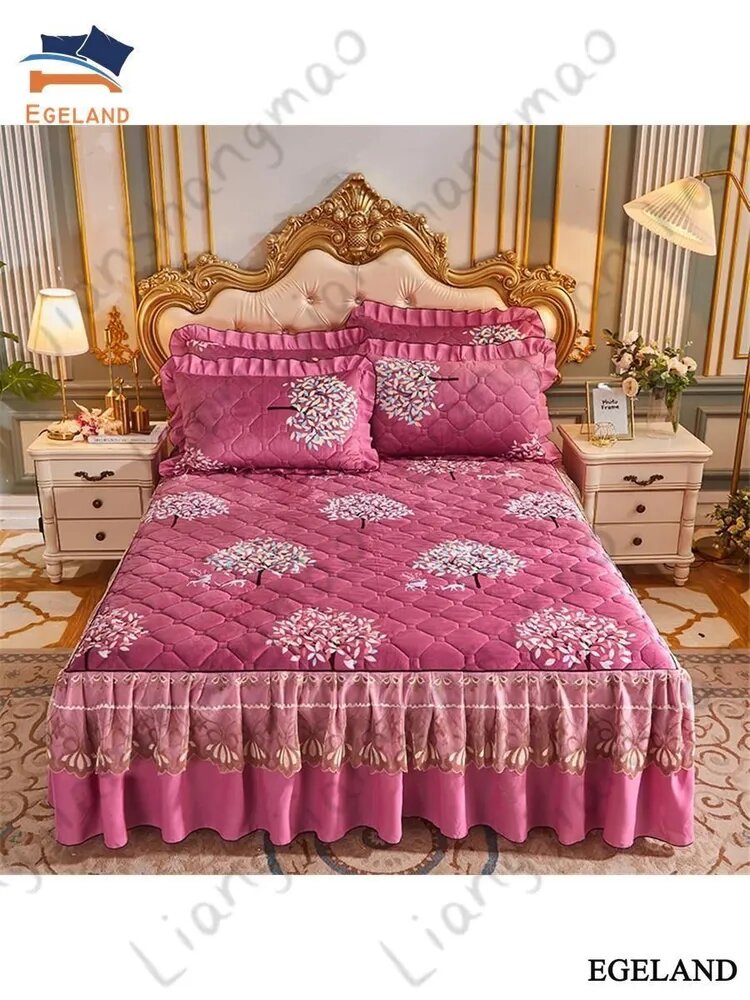 E GELAND Покрывало розовое 2-спальное, Хлопок, стеганое с оборками, 200 см х 180 см