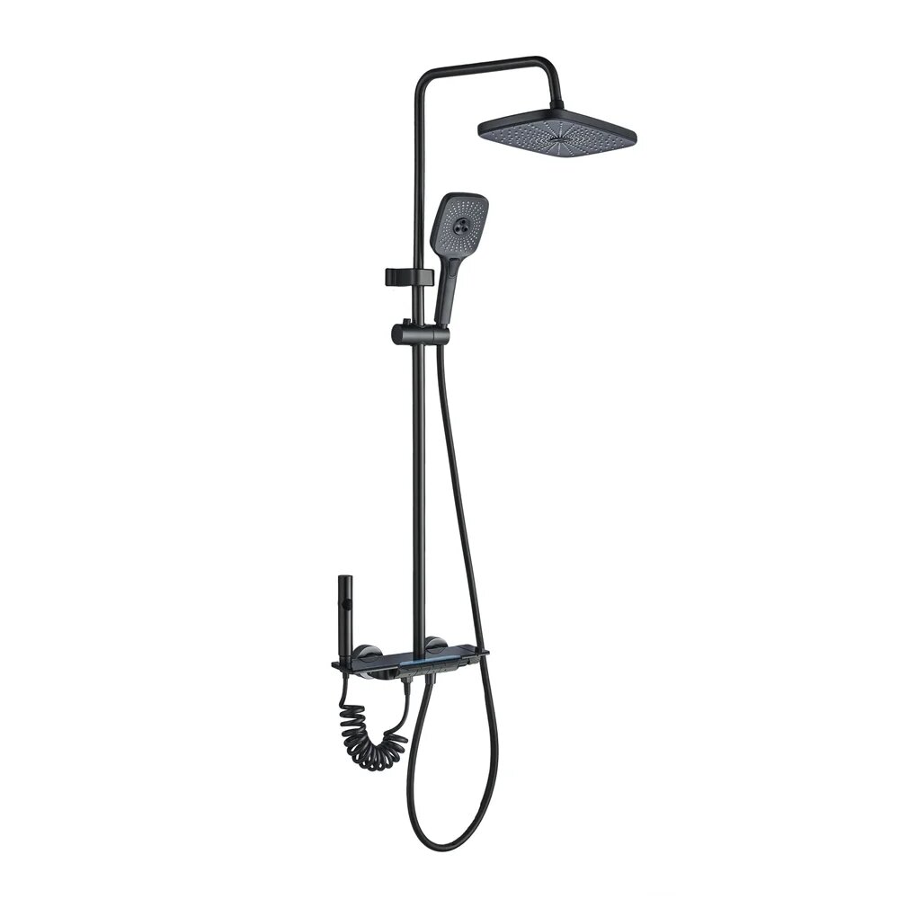 Душевая стойка Ceruttispa 11406 со смесителем, черная, серая, матовая, душевая система с тропическим душем, с изливом, с девиатором, с лейкой, рычаг сбоку