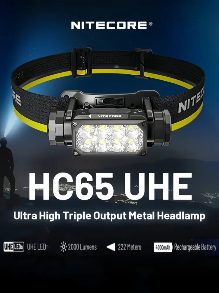 NITECORE HC65 UHE Налобный фонарь 2000 люмен, 18650 аккумулятор, 222м, черный — фото 1