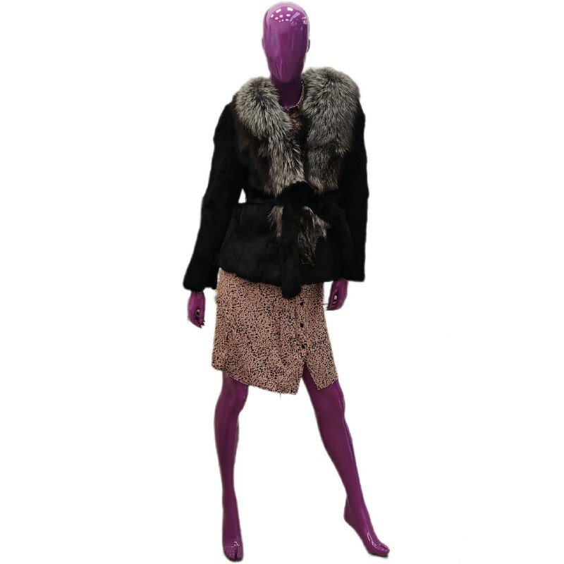 Шуба женская из меха кролика с воротником из чернобурки, чёрная, р. 42, длина 60 см