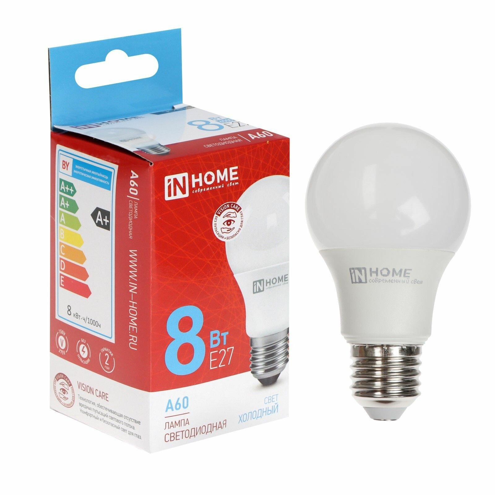 Лампа светодиодная LED-A60-VC 8Вт грушевидная 6500К холод. бел. E27 760лм 230В IN HOME 4690612024042 4 штуки