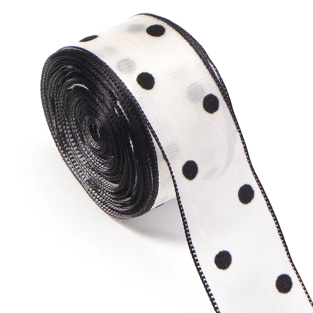 Черно-белая флокированная лента вискоза/полиэстер 1", 10 ярдов dot