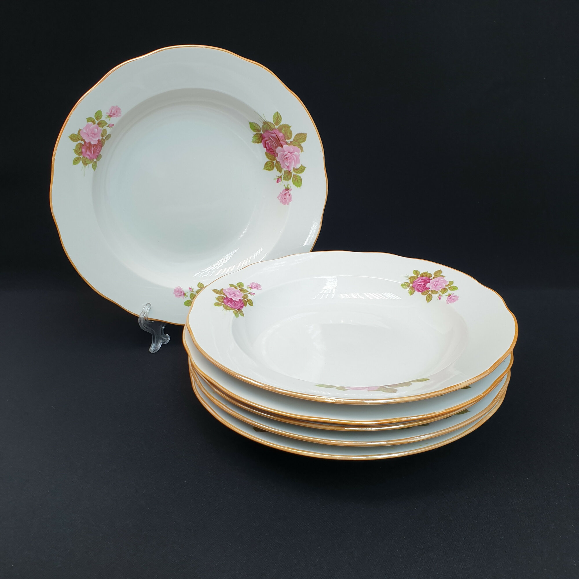 Винтажный набор из 6 суповых тарелок Дулево, фарфор деколь 235 мм, СССР