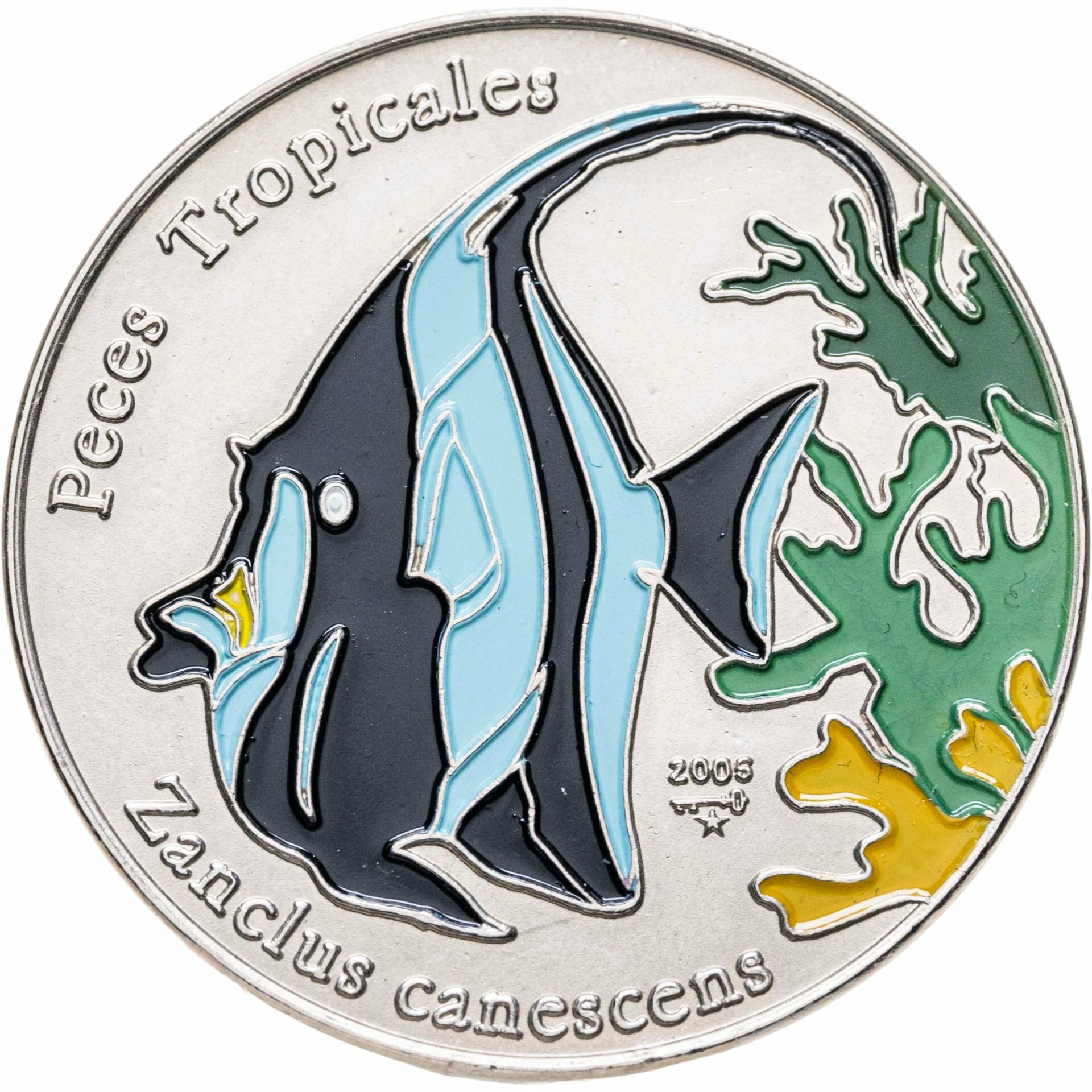 Куба 1 песо peso 2005 "Тропические рыбы - Рогатый занкл Zanclus canescens", Сталь, в сохранности UNC