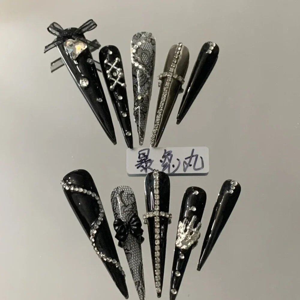 MINISO Y2K Spicy Girl длинные накладные ногти Черный, XS-14-10-11-10-8, 27