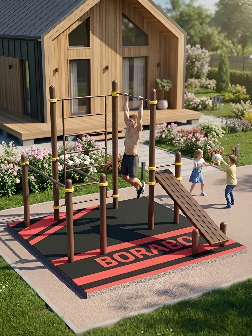 Спортивный Workout комплекс для дачи со скамьей для пресса, лестницей, турником и брусьями BW-49-М