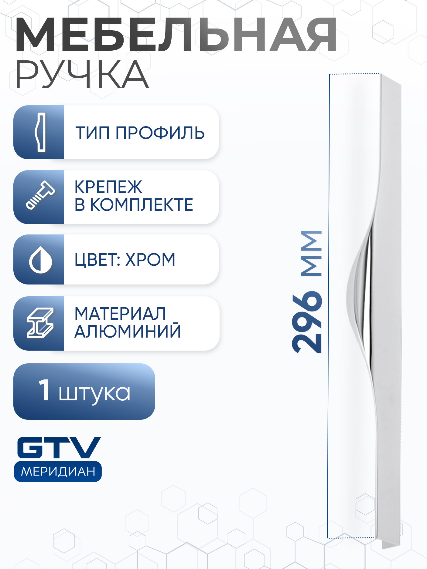 Ручка мебельная профильная алюминиевая 296 мм PICADO хром 1 шт