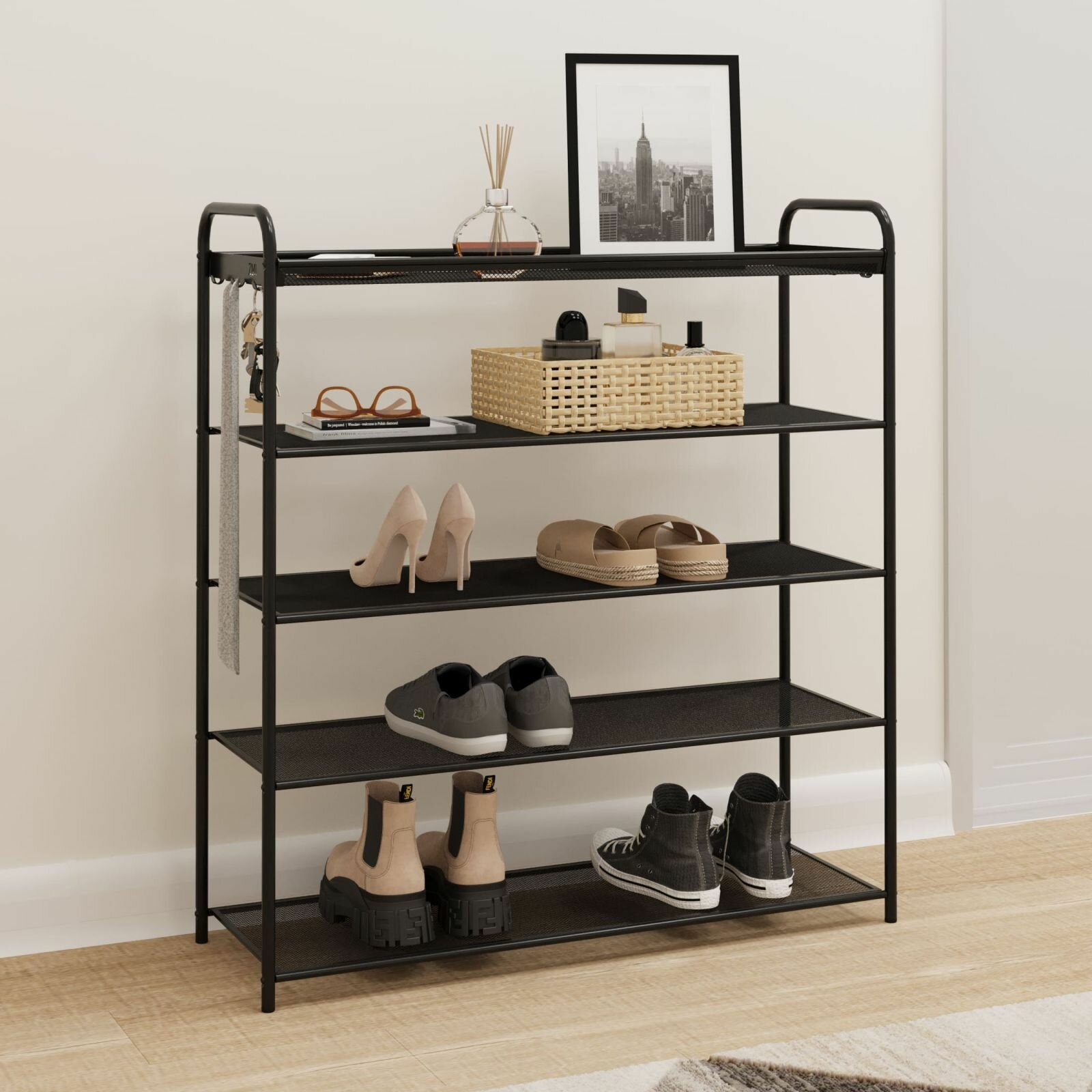 Этажерка для обуви ЗМИ Металлический каркас, 5 полок, размер 0,87х0,95х0,3 м, черный цвет (ПДОВ35)