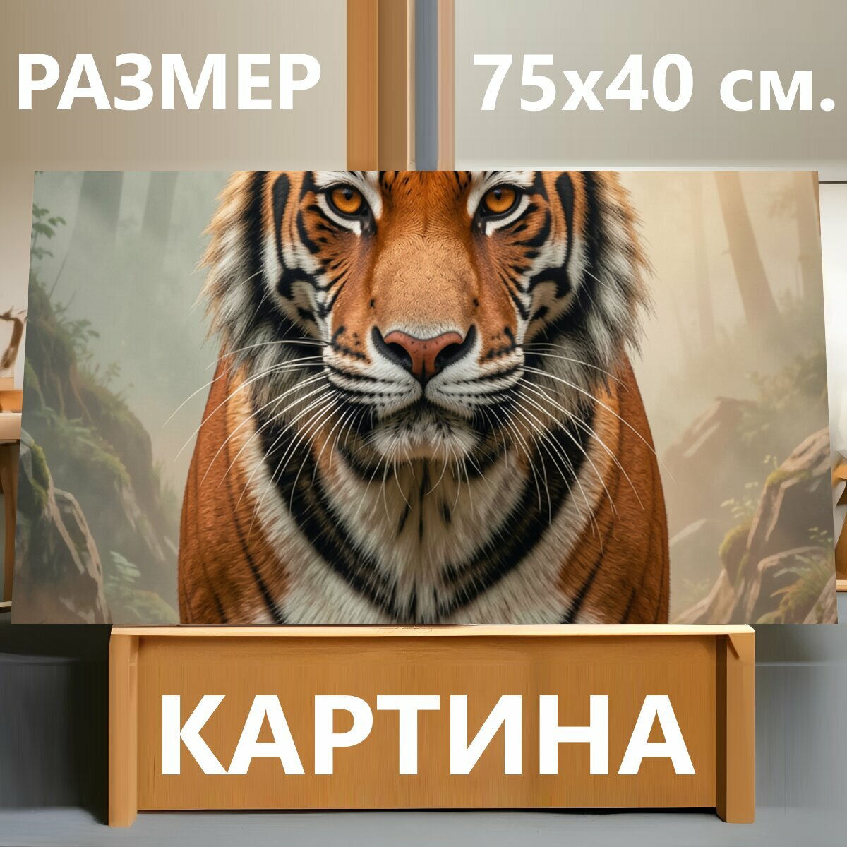 Картина на холсте "Тигр в туманном лесу. Крупный хищник с выразительным взглядом среди мистической лесной чащи, мягкий рассеянный свет." на подрамнике 75х40 см. для интерьера