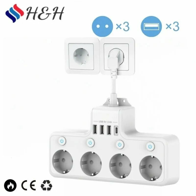 Многофункциональная розетка, с 4 розетками и 4 USB портами, белая
