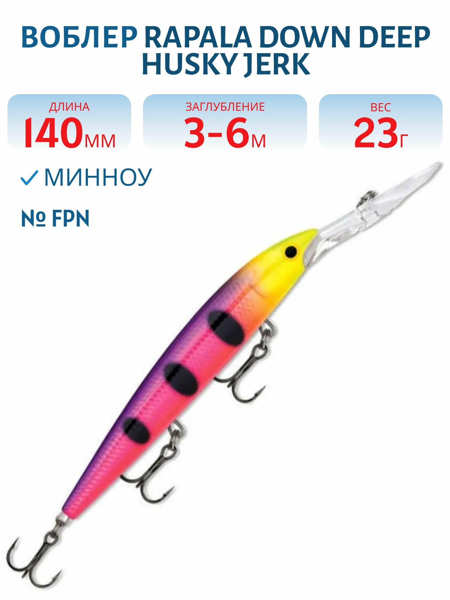 Воблер Rapala Down Deep Husky Jerk 14, цвет FPN