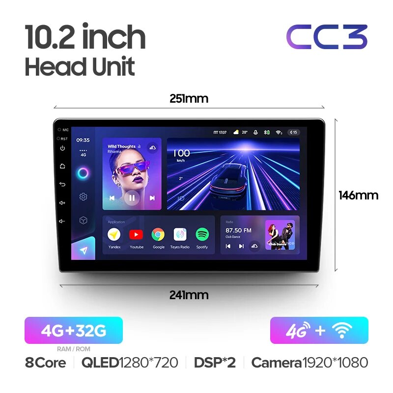 TEYES Тиайс CC3 2K Штатная магнитола For Toyota Volkswagen Hyundai Kia Renault Suzuki 10.2 CC3 32G