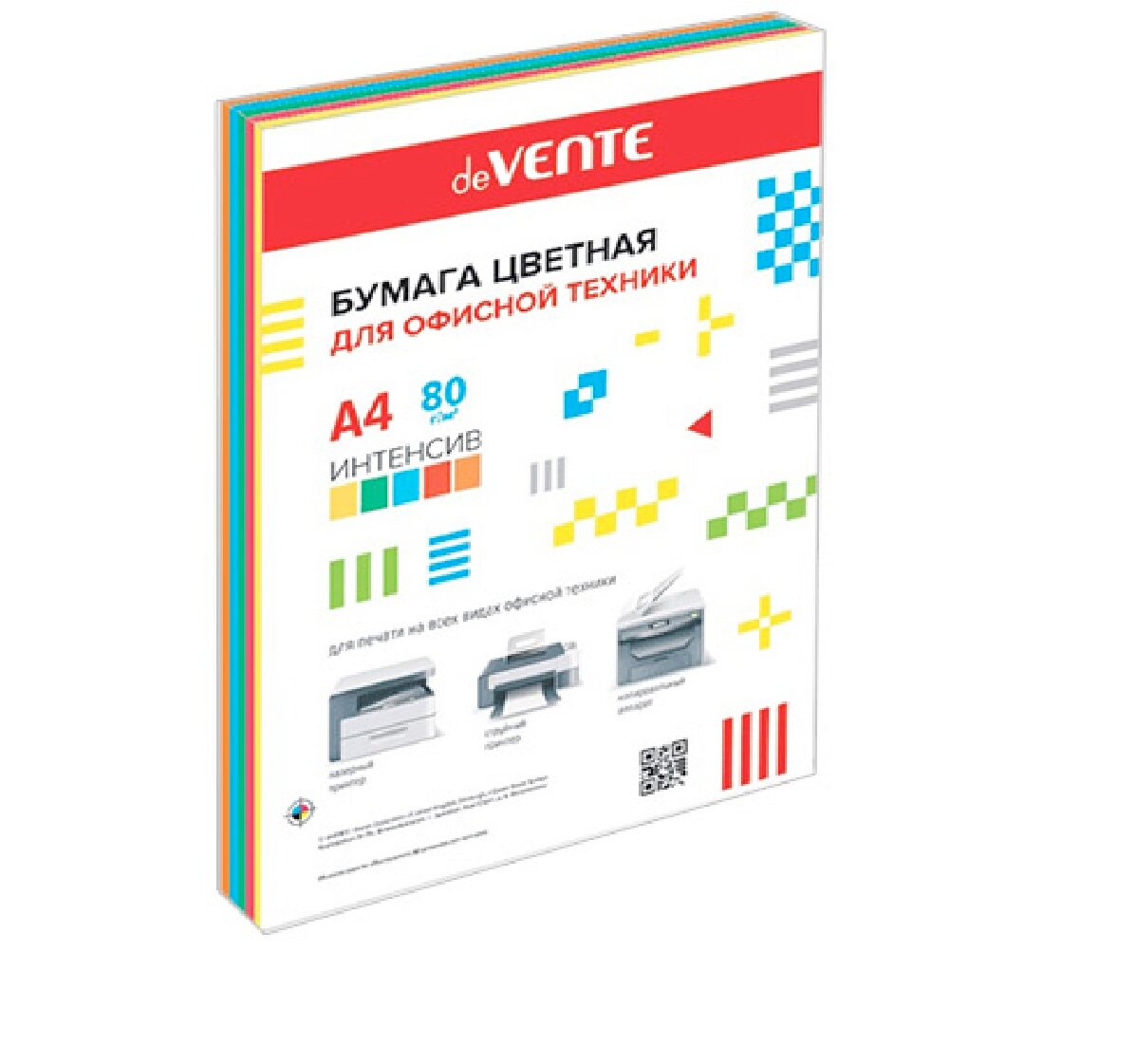 Бумага " deVente " интенсив А4 80г/м 250л ассорти 5цв (синий, желтый, оранжевый, красный, зеленый)