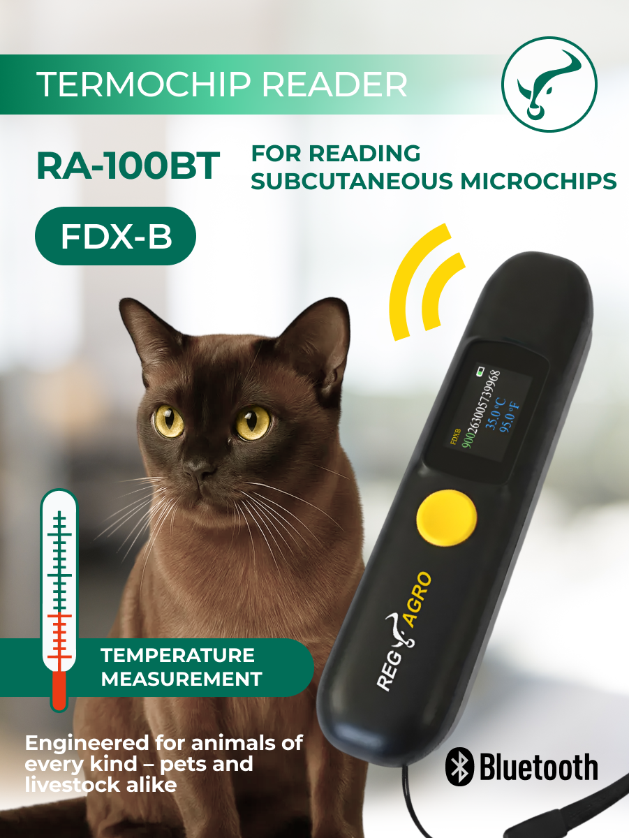 Сканер микрочипов ThermoChip RA-100BT с термометром, Bluetooth, FDX-B, для кошек, собак, животных