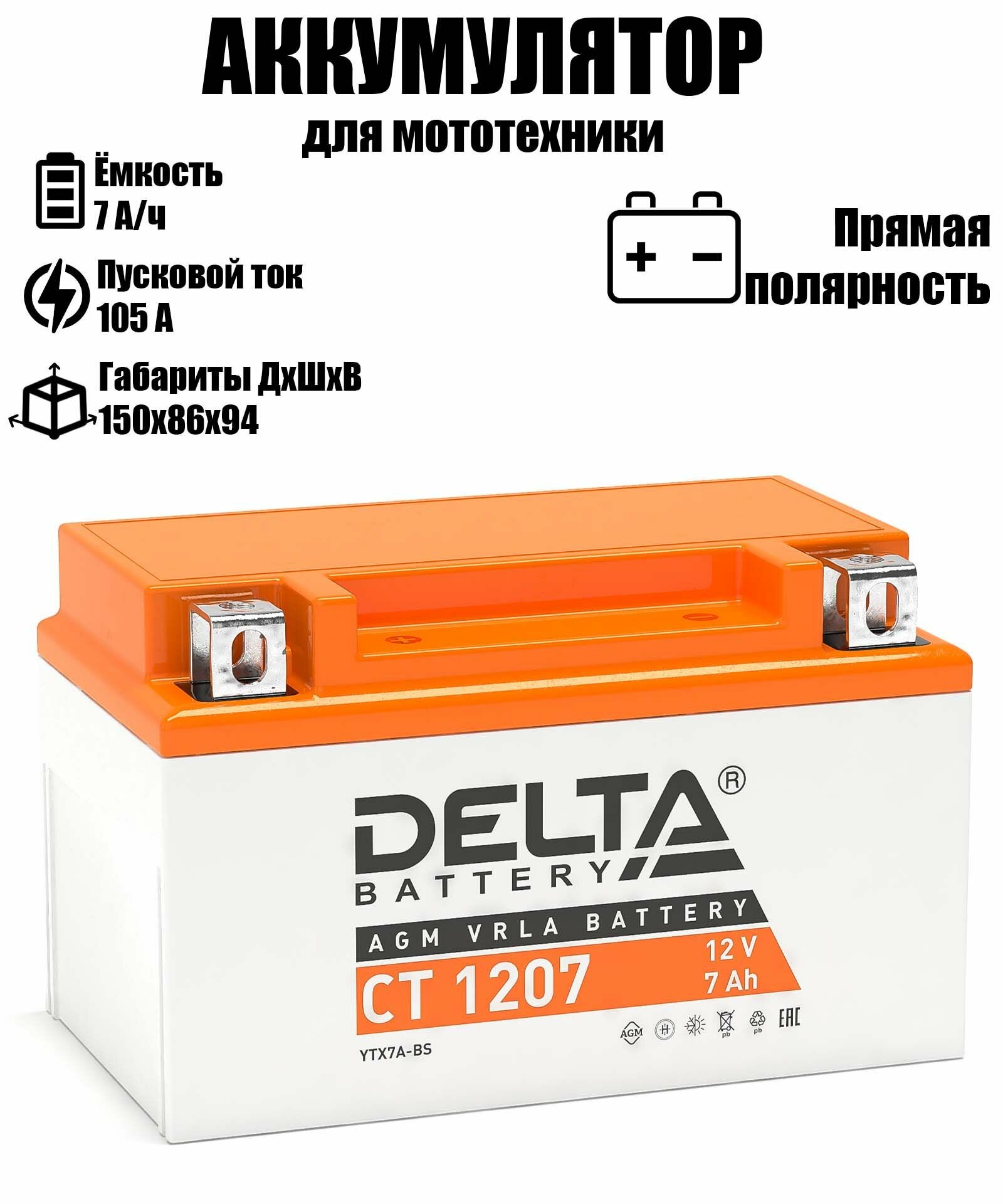 Мото аккумулятор стартерный Delta CT 1207 12В 7Ач прямая полярность 105А (12V 7Ah) (YTX7A-BS) AGM, для мотоцикла, мопеда, скутера, квадроцикла, снегохода, дизельных бензиновых генераторов