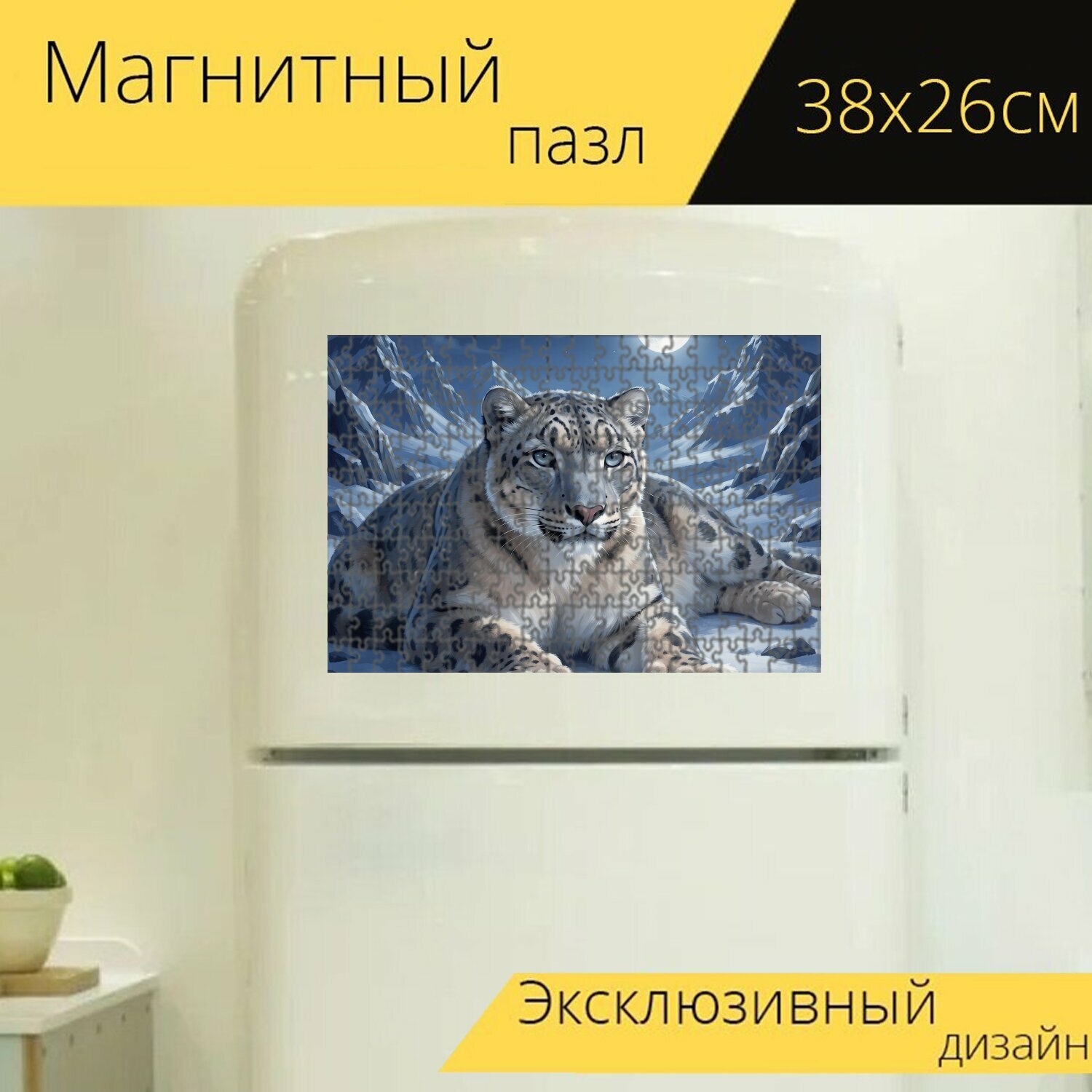 Магнитный пазл "Снежный барс под луной. Реалистичная ночная сцена: крупный снежный леопард лежит на снегу среди высоких гор, яркая луна и звездное небо." для интерьера, 38х26 см.