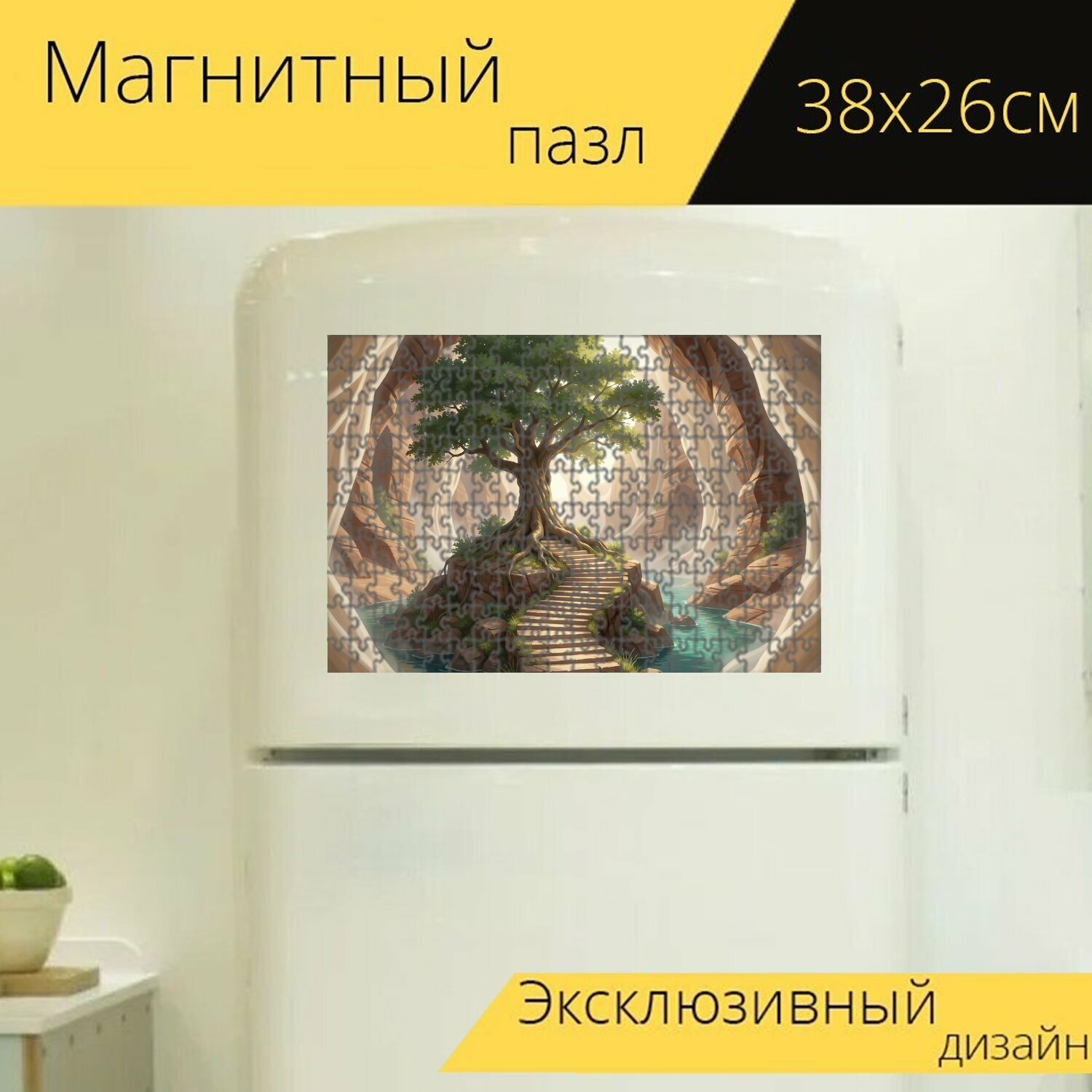 Магнитный пазл "Волшебное дерево в каньоне. Сказочный пейзаж с огромным древом на островке среди бирюзовой воды, каменными ступенями и скалистыми сводами." для интерьера, 38х26 см.