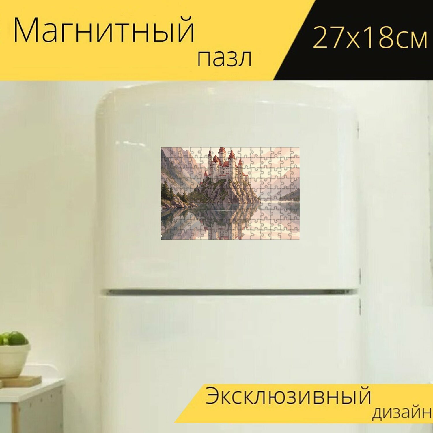 Магнитный пазл "Замок на скалистом утёсе. Сказочный европейский замок с башнями и красными крышами на отвесной скале, отражение в спокойной воде, мягкие." на холодильник 27 x 18 см.