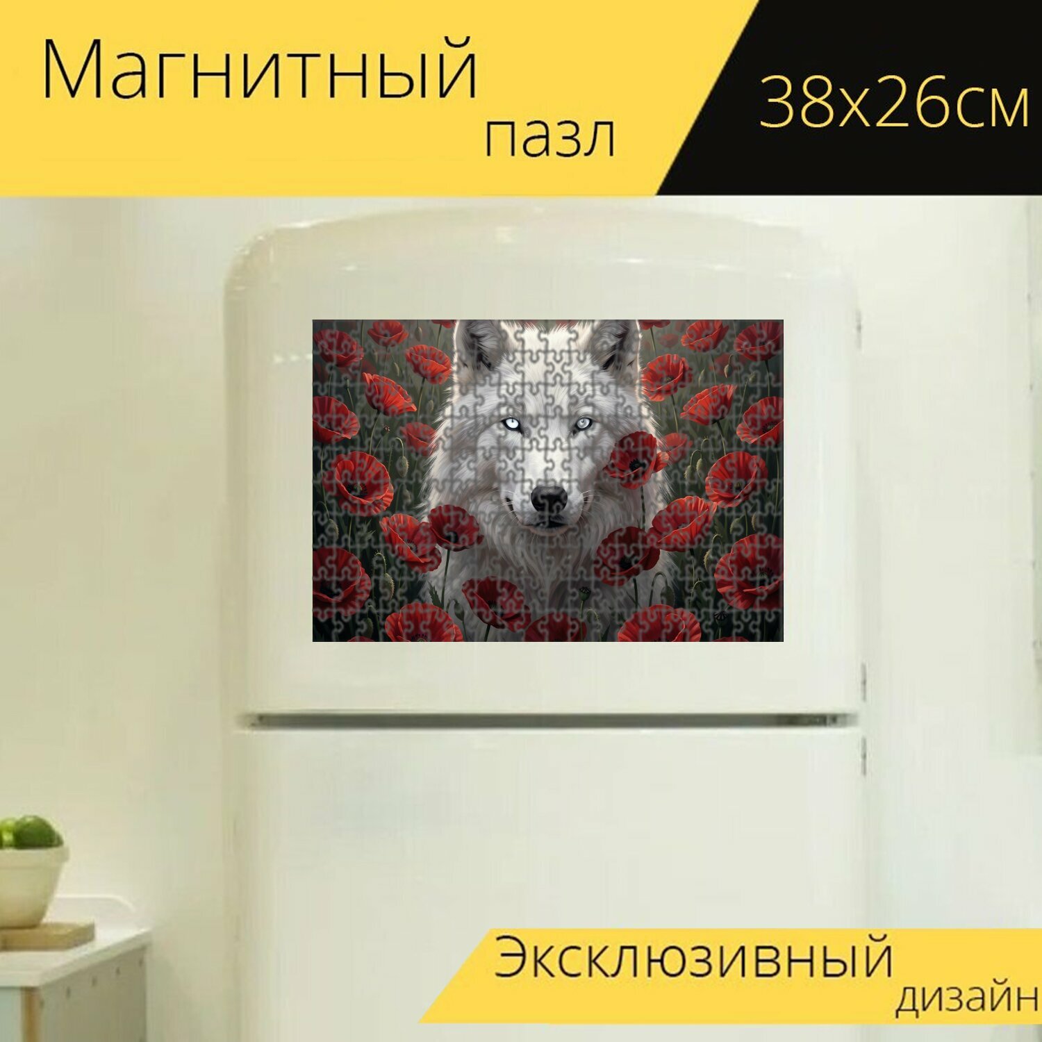 Магнитный пазл "Белый волк среди маков. Северный хищник с голубыми глазами в поле алых цветов. Цифровая живопись, реалистичный фэнтези-стиль, контраст." для интерьера, 38х26 см.