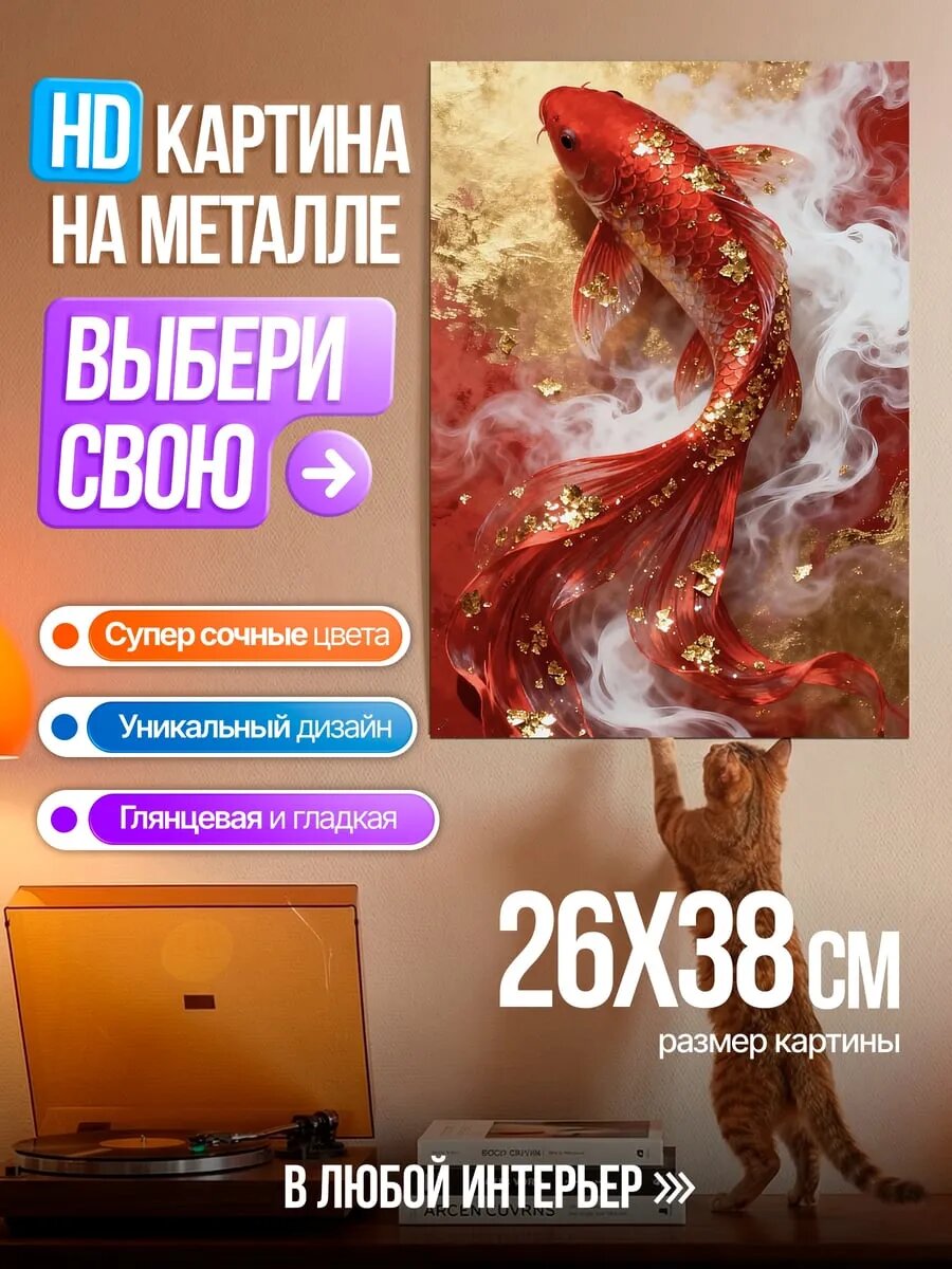 Картина на HD металле Красная рыба кои