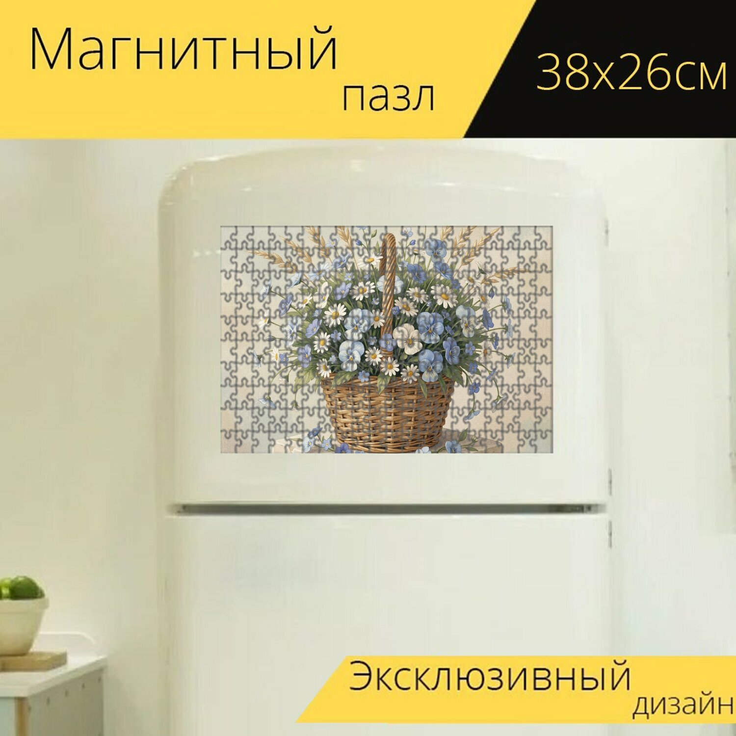 Магнитный пазл "Корзина с полевыми цветами. Плетёное лукошко с нежным букетом из ромашек, голубых анютиных глазок и колосьев на каменной подставке." для интерьера, 38х26 см.