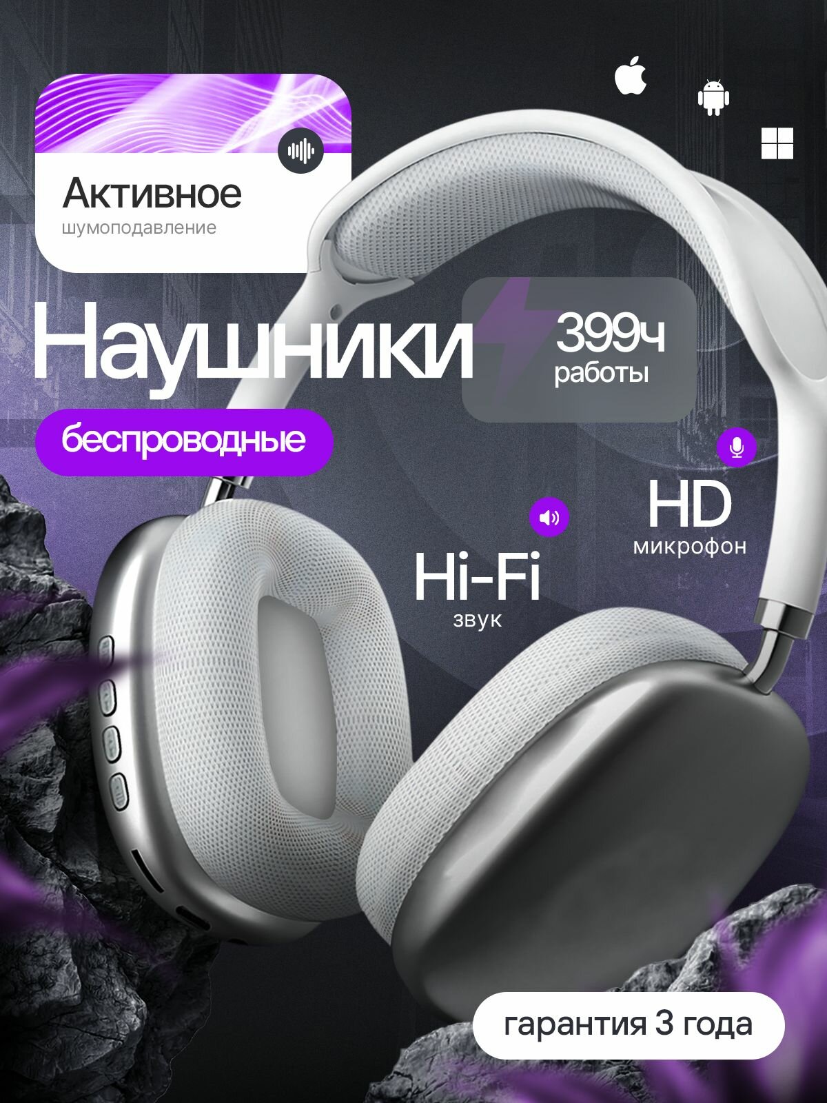 Наушники беспроводные большие, накладные, с шумоподавлением и микрофоном для игр для музыки для ПК