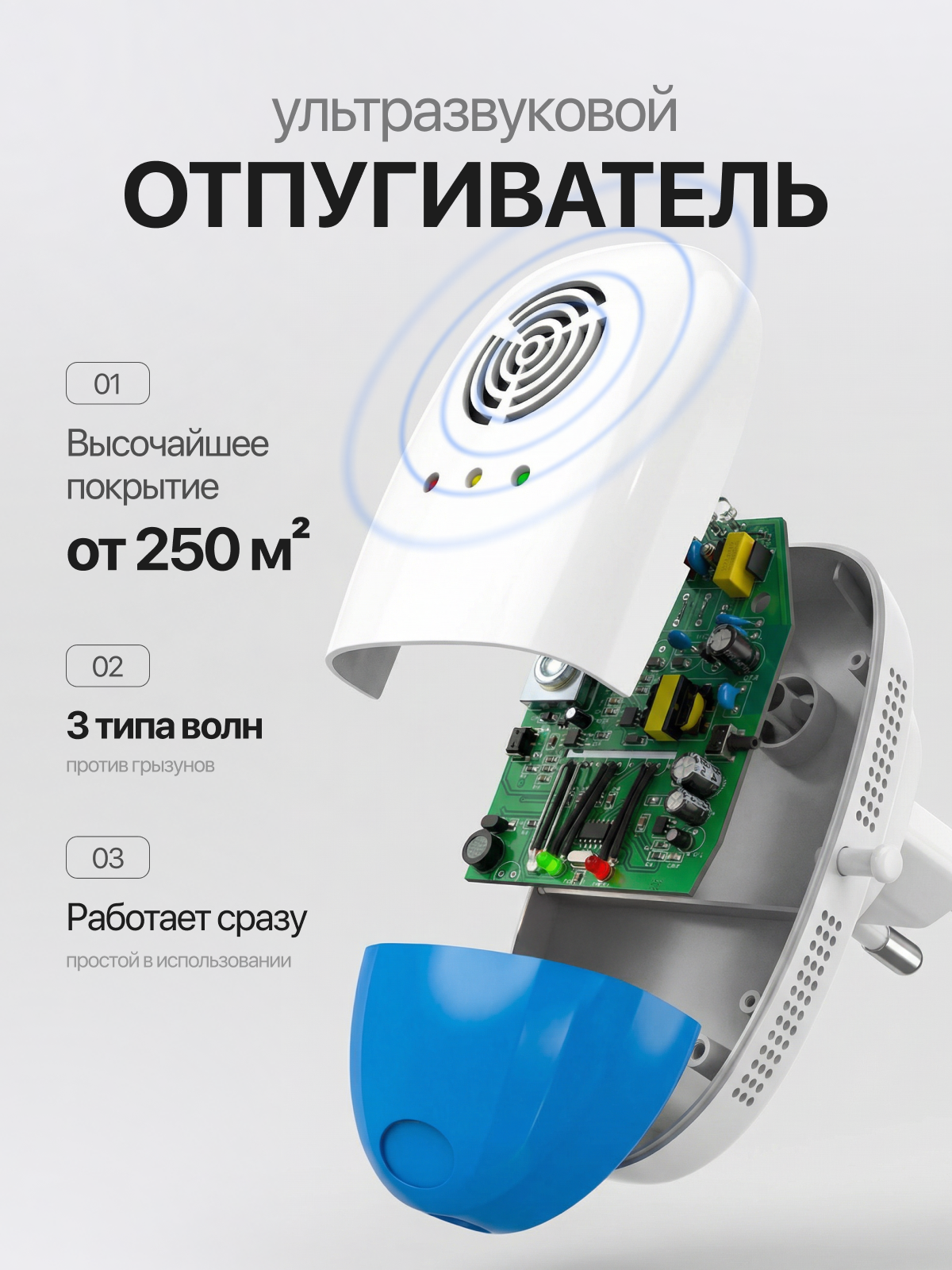 Отпугиватель насекомых и грызунов, электромагнитный, ультразвуковой, 1 шт