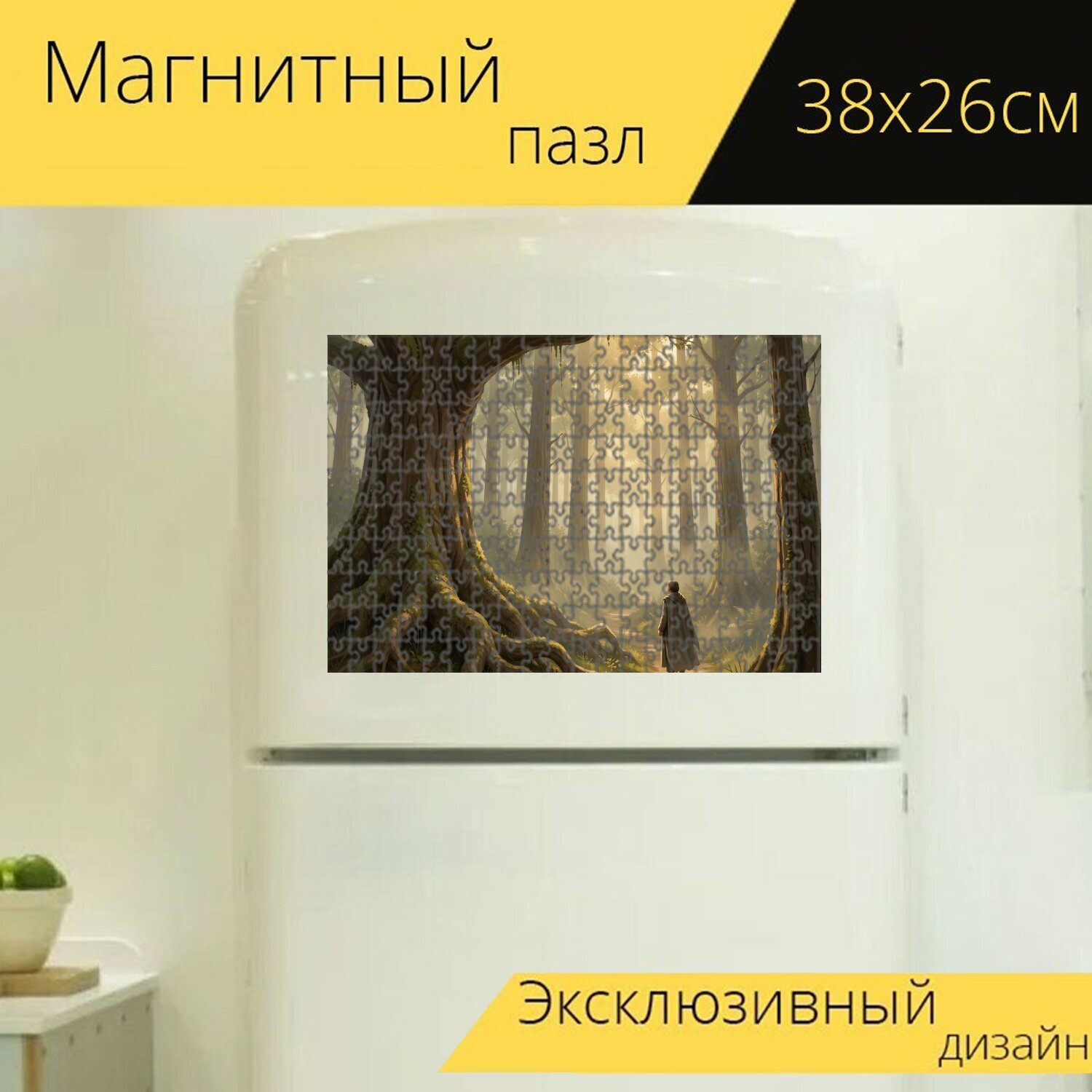 Магнитный пазл "Сказочный лесной путь с путником. Туманный чащобный пейзаж с древними деревьями, мшистыми корнями и фигурой в плаще. Цифровая живопись в." для интерьера, 38х26 см.