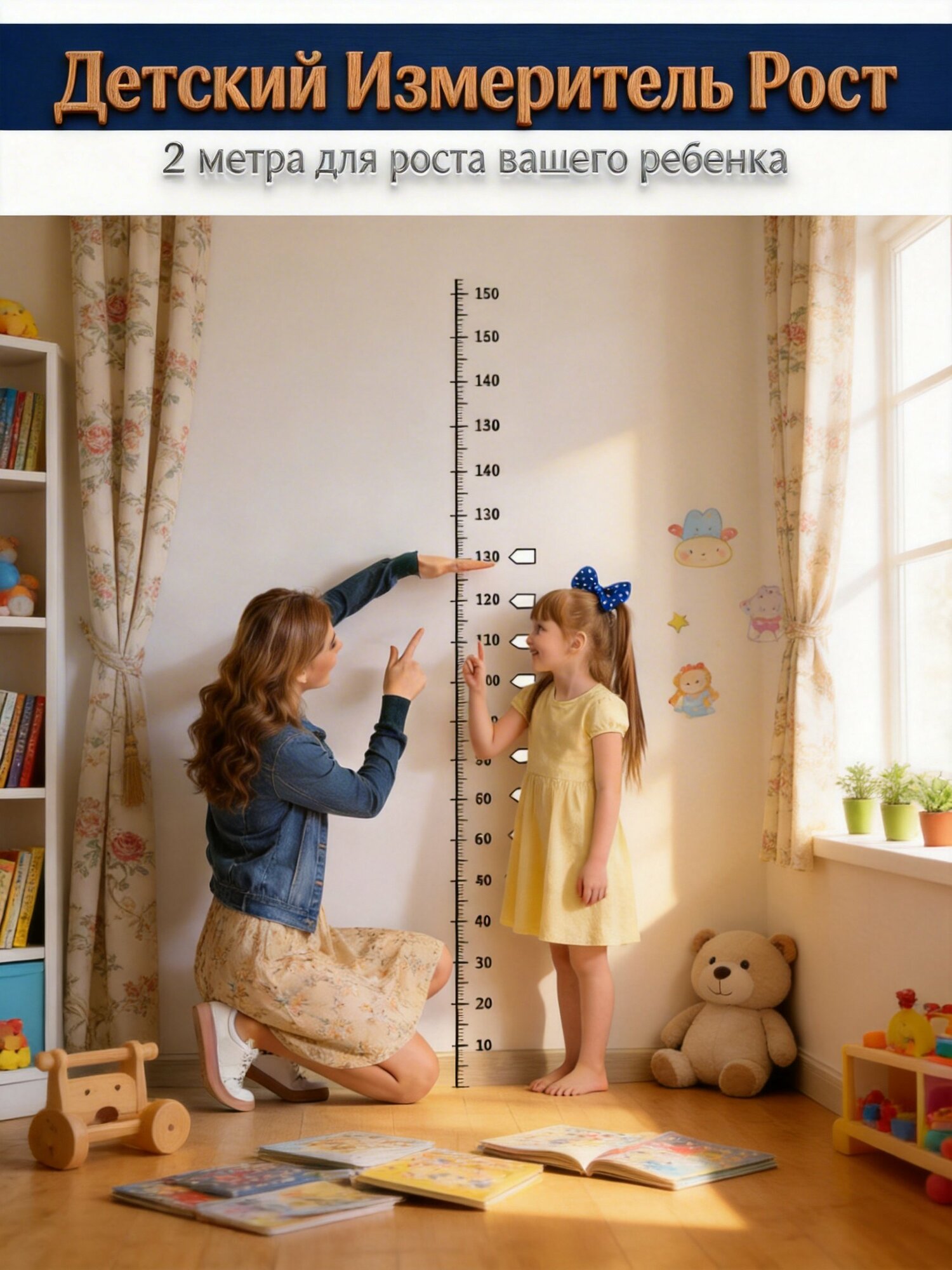 Ростомер настенный для детской комнаты, самоклеящаяся прозрачная наклейка 2 м с черной шкалой