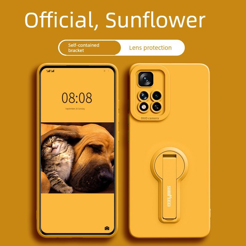 Жидкокремовый силиконовый чехол для Redmi Note 11T Pro+, солнечный желтый с подставкой