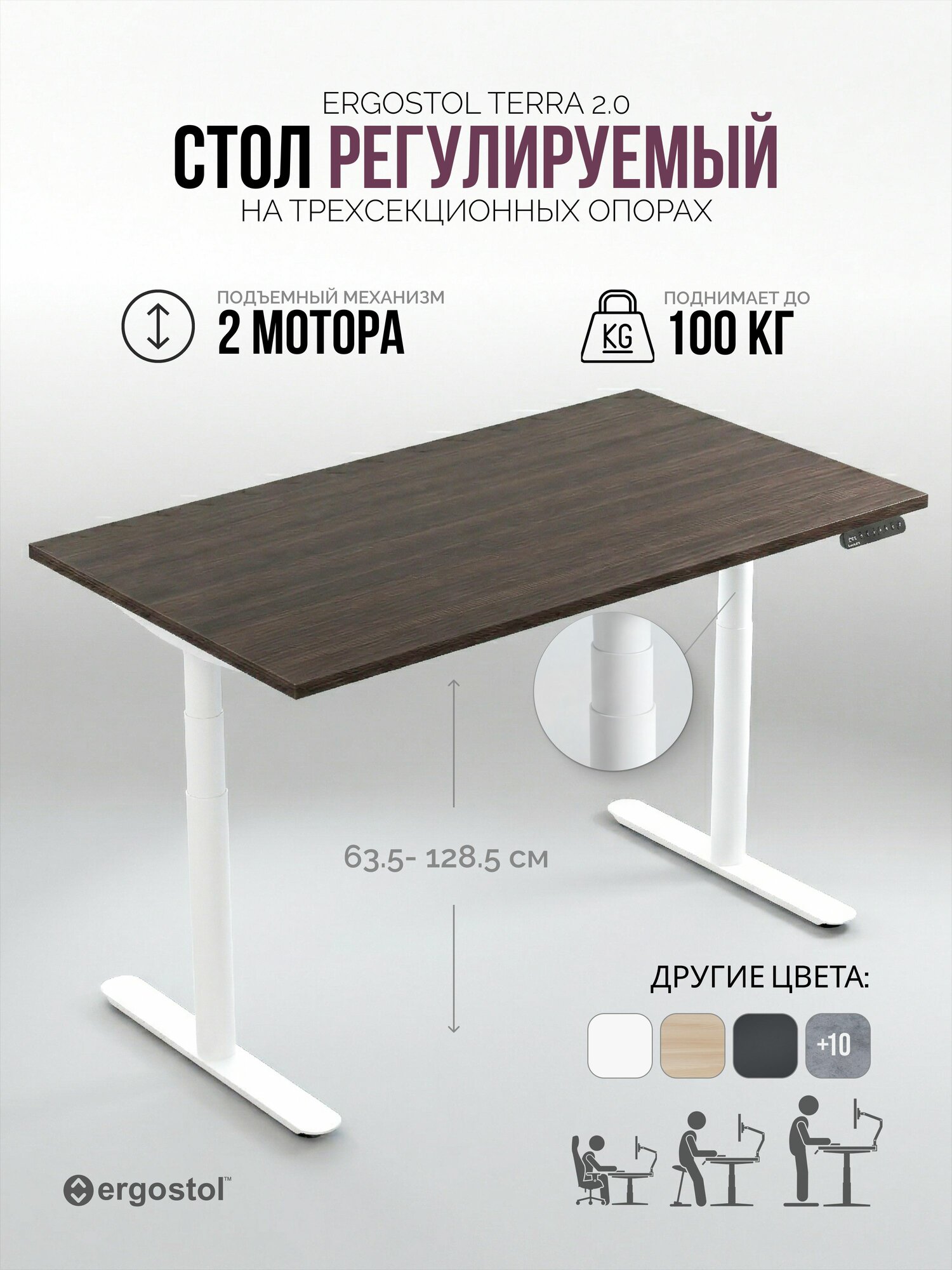 Стол регулируемый по высоте c круглыми ножками Ergostol Terra R 2.0 138х68 см, компьютерный стол с подъемным механизмом, Дуб термо черно-коричневый/белый