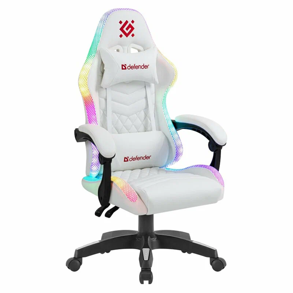 Кресло игровое Defender Core White 64048, с RGB-подсветкой, экокожа, белый