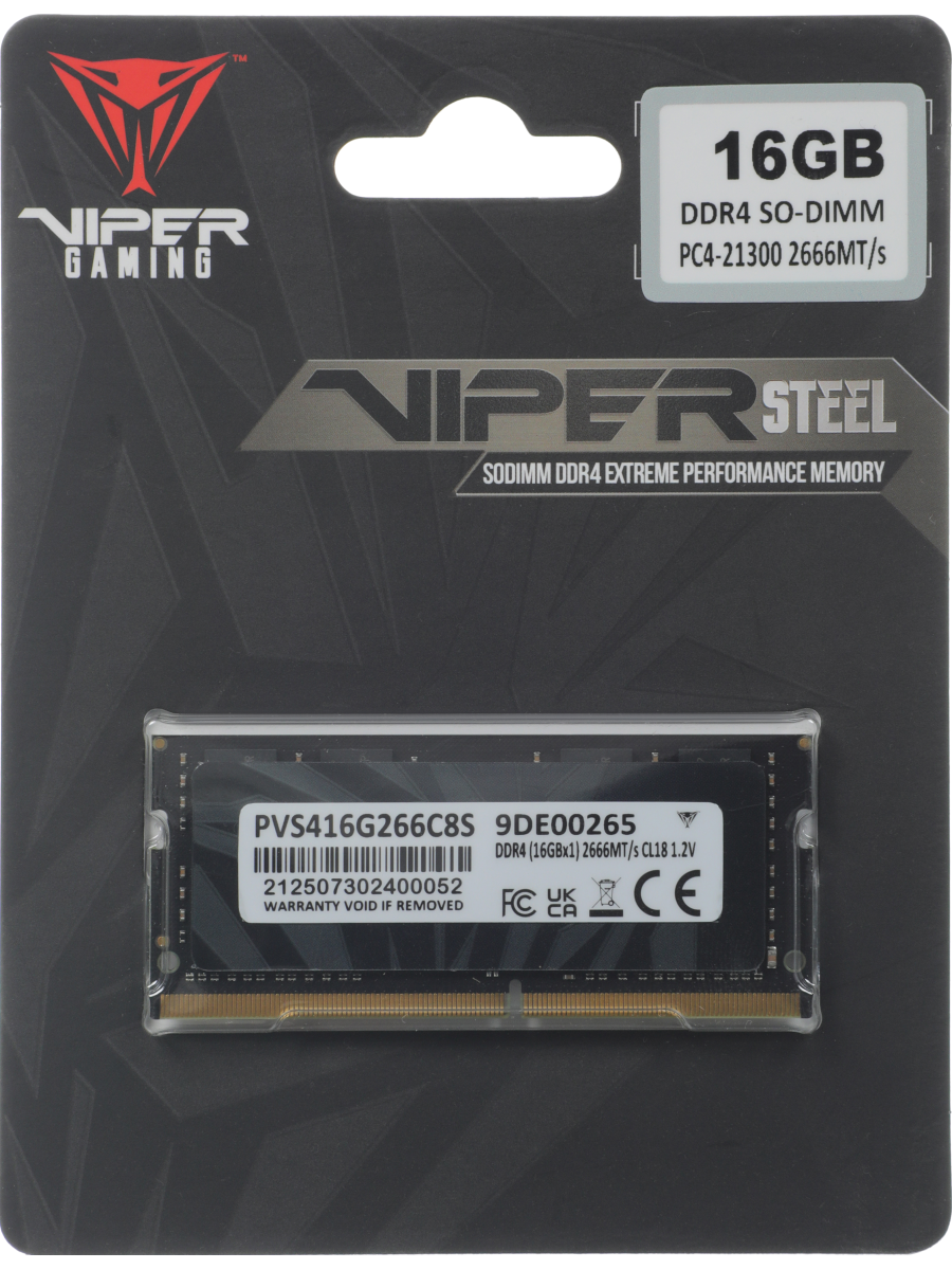 Память DDR4 16GB 2666MHz Patriot PVS416G266C8S Viper Steel RTL PC4-21300 CL18 SO-DIMM 260-pin 1.2В single rank RTL