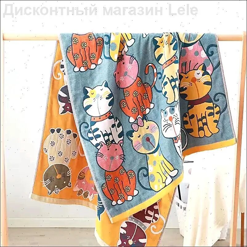 Полотенце банное Хлопок 80x160 см с рисунком котиков, желтый/оранжевый, 1 шт.