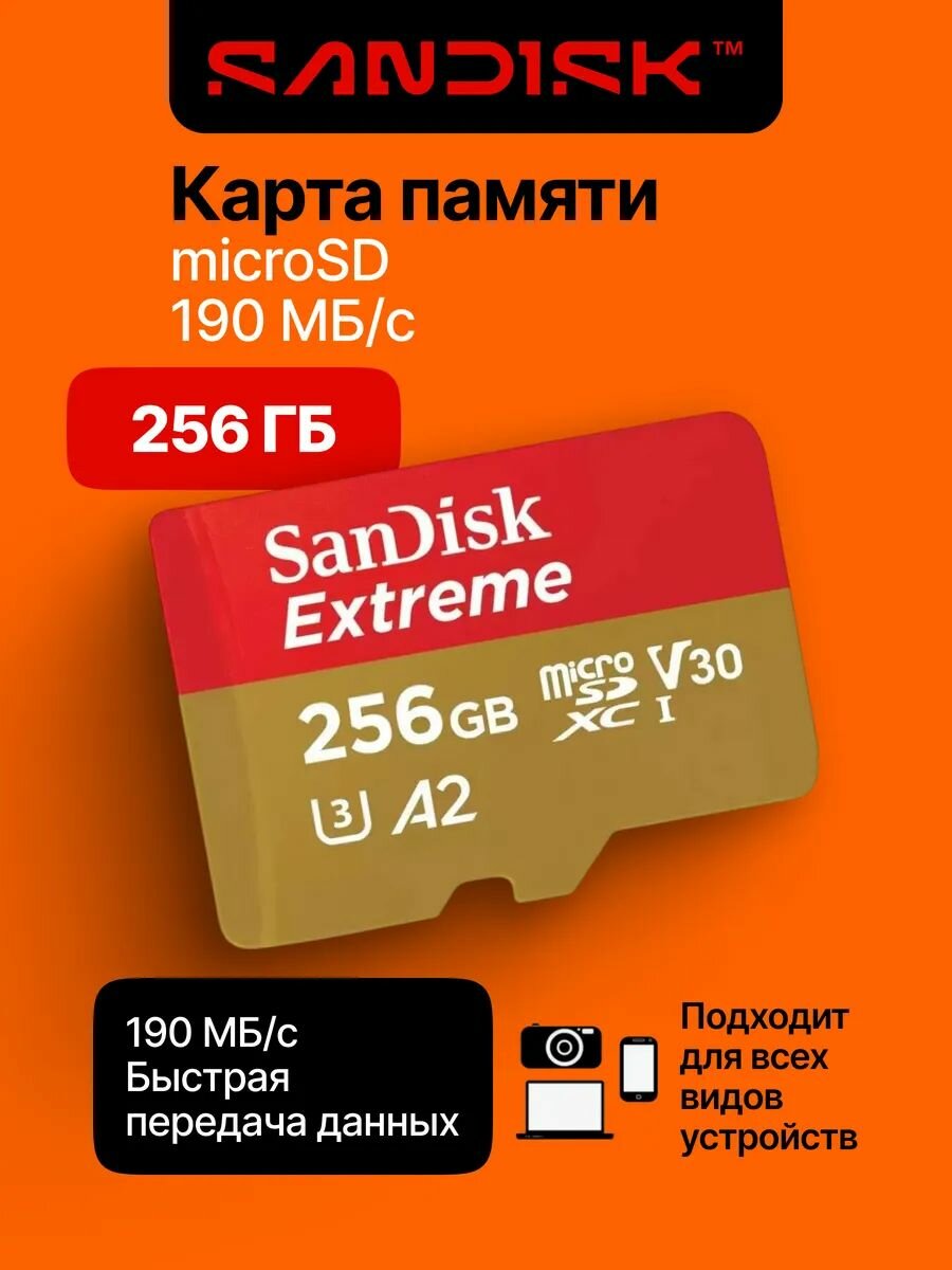 Карта памяти Sandisk microSDXC Extreme V30 A2 U3 4K (190/90 MB/s) 256 GB