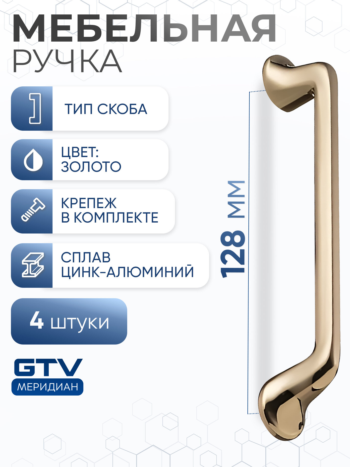Ручка мебельная скоба алюминиевая 128 мм FABRICIO золото 4 шт