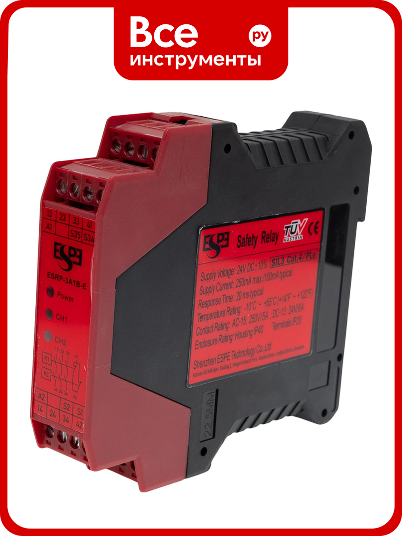 Реле безопасности ESPE ESRP-3A1B-E 08-00036481 – силовое реле для DIN-рейки, защита IP40, постоянный ток катушки