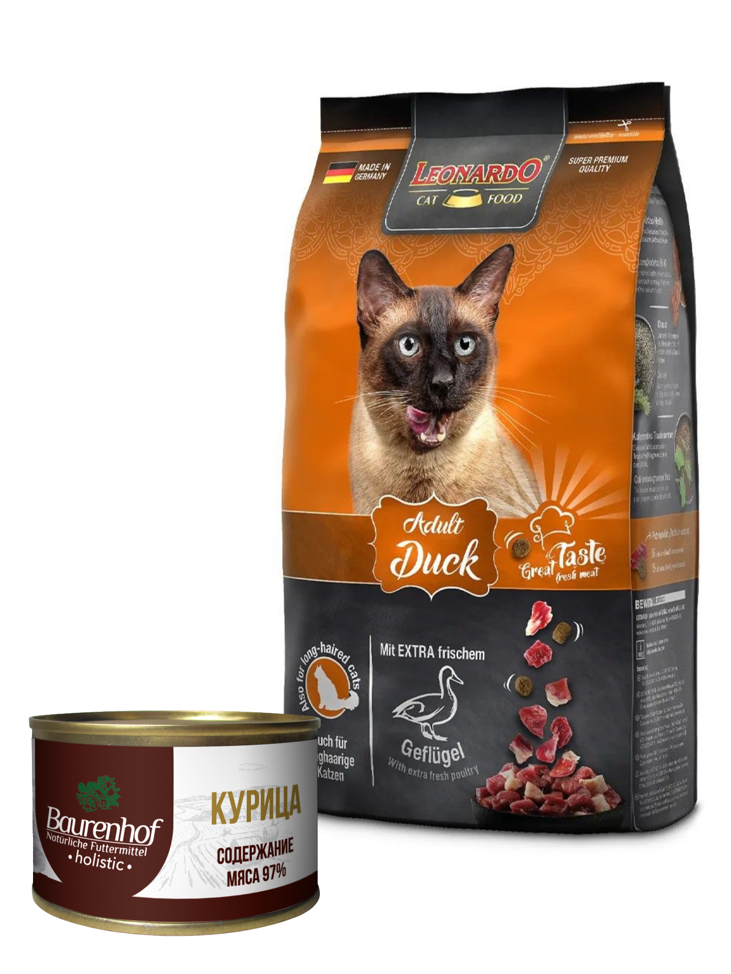 Leonardo Adult with Duck Сухой корм для кошек, Утка 1.8 кг + Baurenhof Holistic Влажный корм для кошек, Курица 100 гр