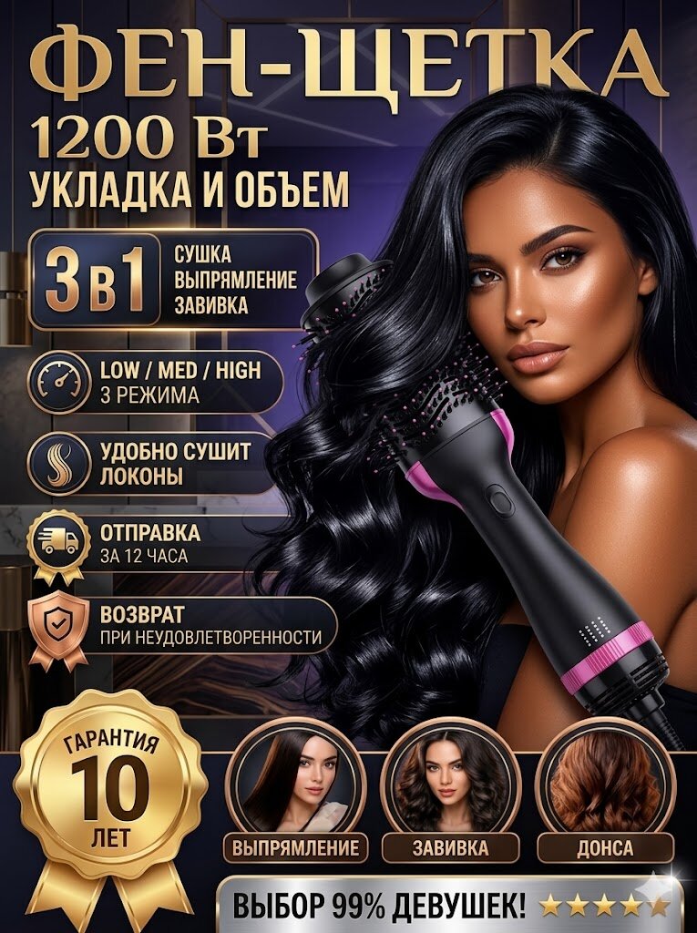 Фен-щетка для волос / Расческа с ионизацией One Step Фен-щётка (расчёска-фен) для волос Hair Dryer 3 в 1
