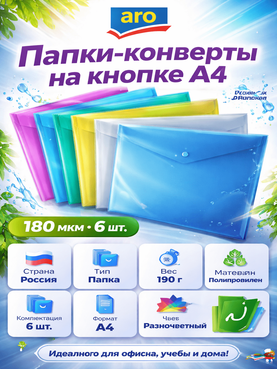 Aro Папки-конверты на кнопке А4 прозрачные цветные 180мкм, 6шт