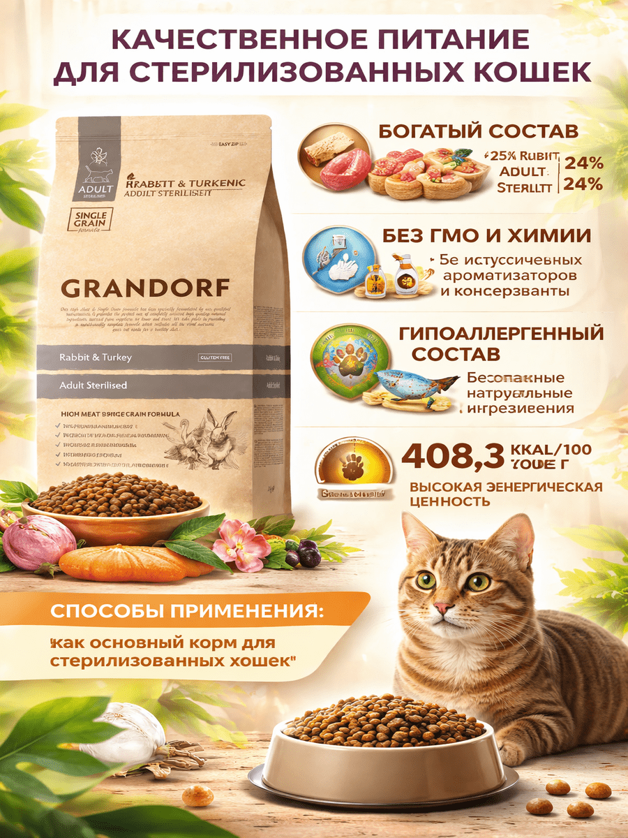 Корм сухой Grandorf для стерилизованных кошек кролик и индейка, 2кг