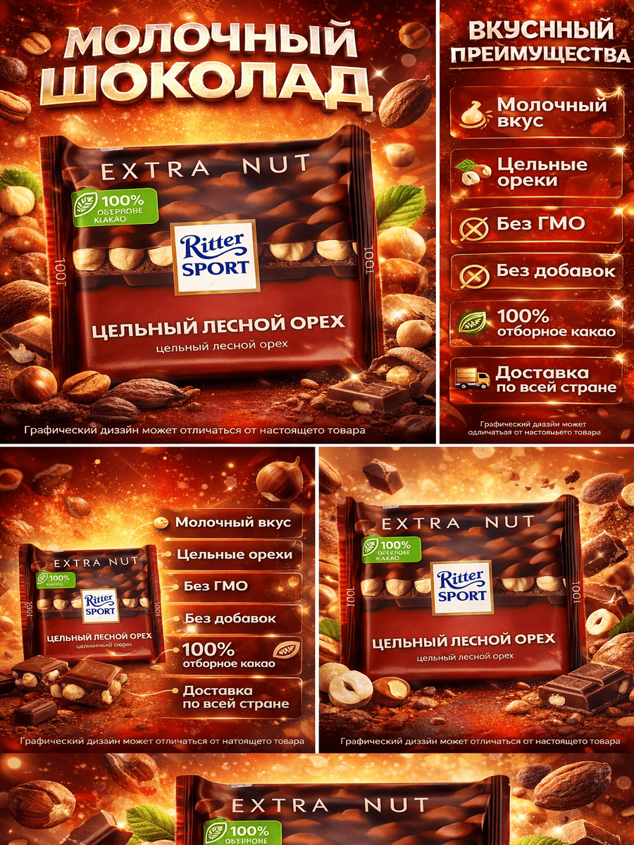 RITTER SPORT Молочный шоколад с цельным лесным орехом, 100 г