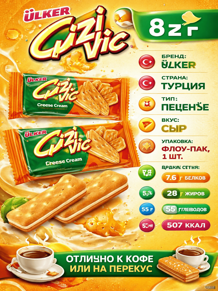 Печенье крекеры Ulker Cizi Vic Сэндвич с сырным кремом, 82г x 2 упаковки