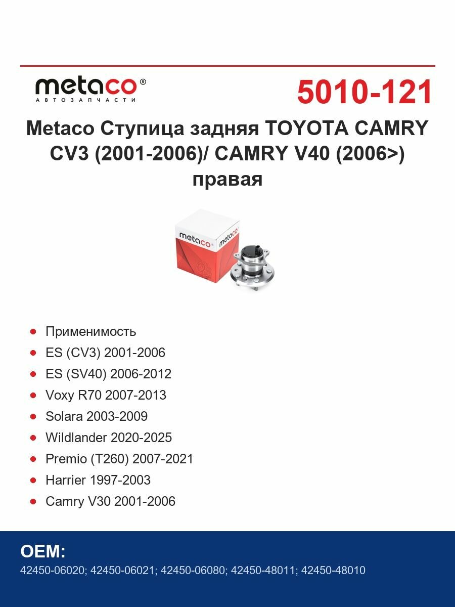 Metaco Ступица задняя TOYOTA CAMRY CV3 (2001-2006)/ CAMRY V40 (2006>) правая