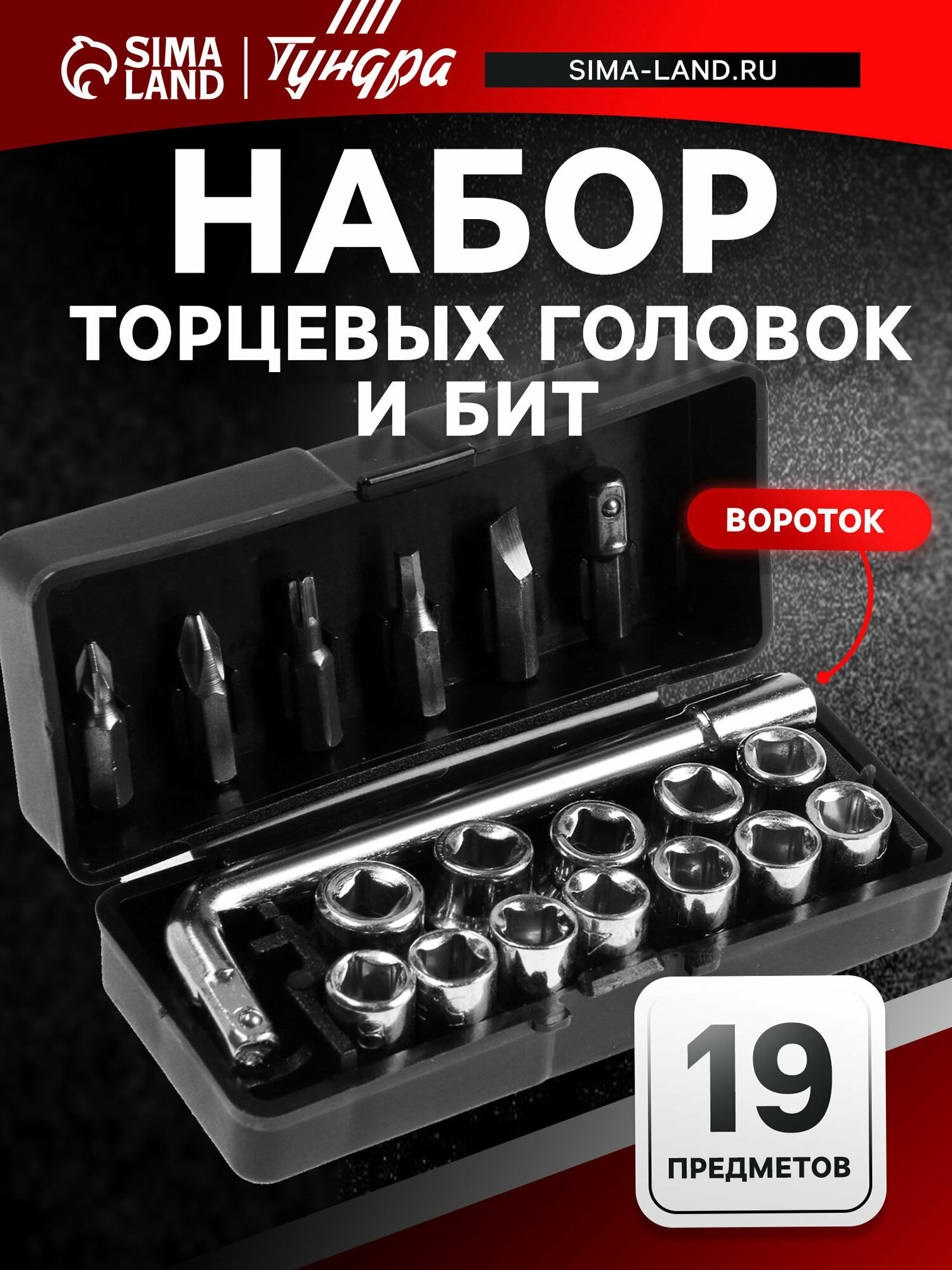 Набор торцевых головок и бит вороток, 19 предметов, вид упаковки: кейс пластиковый